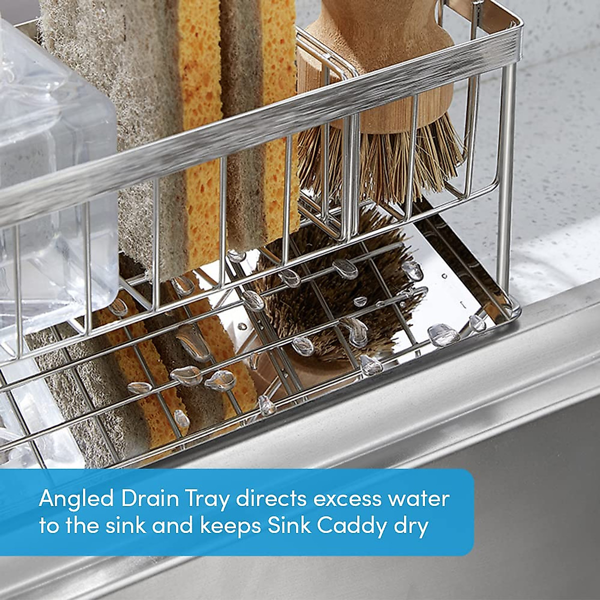 Home Spirit Sink Caddy Organizer Countertop For Kitchen, Bathroom, Sponge Holder, Soap, Brush, Bottle Storage Gadget, Angled Drain Tray, Adjustable Divider…