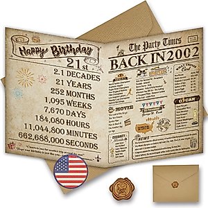 Funny 21st Birthday Cards For Women or Men, Double-Sided Classy Vintage Birthday Gifts Poster Card for Him or Her 21 years old, Ideal Bday Gifts For Daughter Son Brother Sister Friends, Back In 2002,