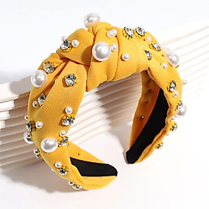 JILIYUPA Pearl Rhinestone Tweed Headband, Green and Yellow, Sparkle Luxury Vintage Embellished Hairband for Women and Girls, 2 Count