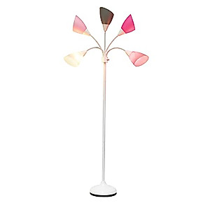 Simple Designs LF2006-WPG 67" Contemporary Multi Head Medusa 5 Light Adjustable Gooseneck White Floor Lamp with Pink, White, Gray Shades for Kids Bedroom Playroom Living Room Office, 30 x 10 x 67