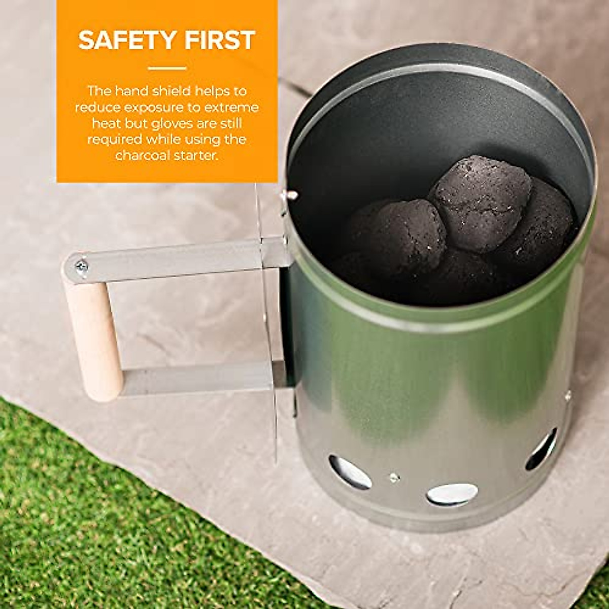 LIVIVO Banquet Charcoal Chimney Starter With Wooden Safety Handle - Quick Start Barbecue Lightning Kit Camping Grilling BBQ - Galvanised Iron Sheet Finish - Heavy Duty