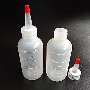 12 Pack 4 Ounce Plastic Squeeze Dispensing Bottles with Red Tip Caps and Measurement - Perfect For Ketchup, BBQ, Sauces, Syrup, Condiments, Dressings, Arts and Crafts - BPA-Free，Equipped with a funnel