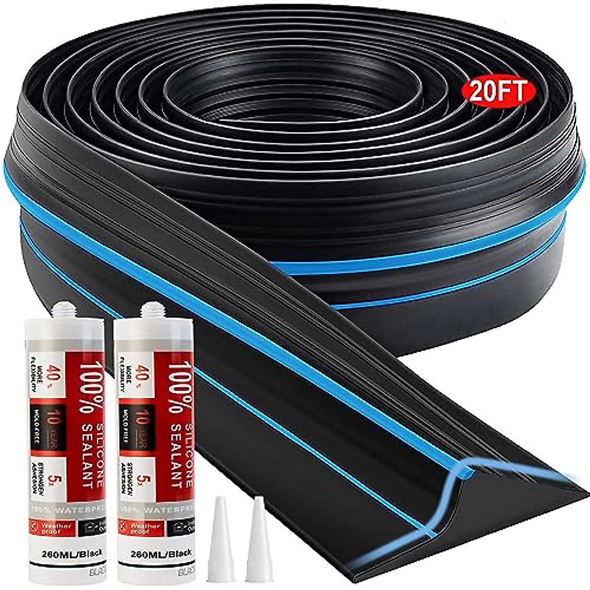 Jin&Bao Universal Garage Door Threshold Seal Strip 20FT Kit, Bottom Waterproof Rubber Weather Stripping Replacement（Blue）