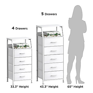 Dresser with 4 Drawers, Fabric Storage Tower for Bedroom, White Clothes Storage Drawers, Vertical Closet Organizer for Kids Room, Entryway, Nightstand Bedside Table, Sturdy Steel Frame & Wooden Top
