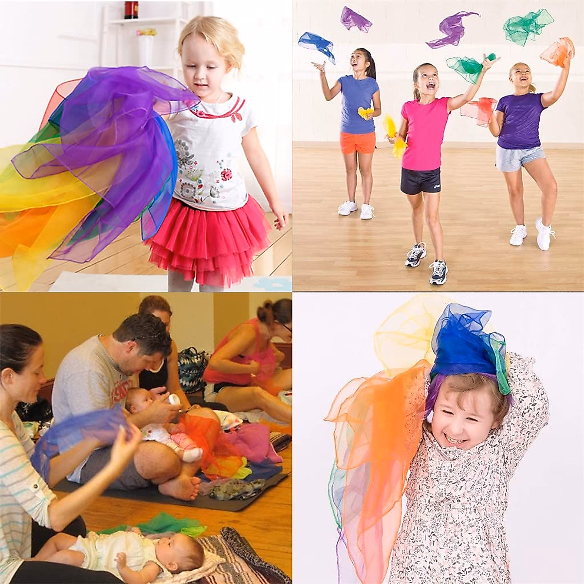 Lolakee Dance Scarves for Kids 12 Pcs Music Scarves Dance Scarf Play Scarves for Children Movement Square Juggling Silk Tricks Scarves Rhythm Band Scarves(6 Colors,24" x 24")