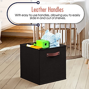 Ornavo Home 11 x 11 Storage Cube Bins, Foldable Collapsible Fabric Storage Bins Box Linen Shelf Basket Cube Organizer for Closet with Leather Handles, 6 Pack, Black