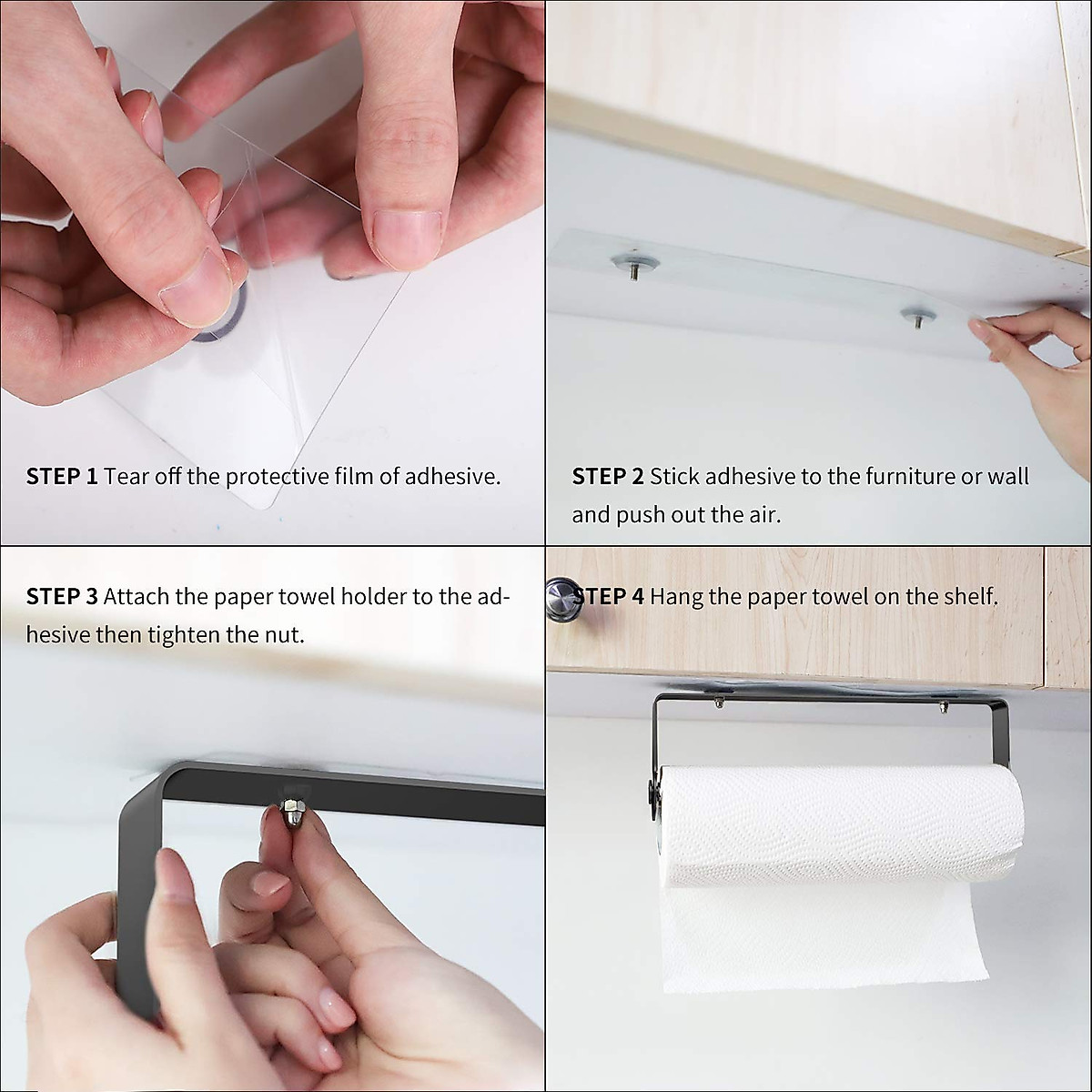 SMARTAKE Paper Towel Holder with Adhesive Under Cabinet, Wall Mounted & No Drilling, Rustproof Removable Kitchen Towel Holder for Home, Easy Tear, Black