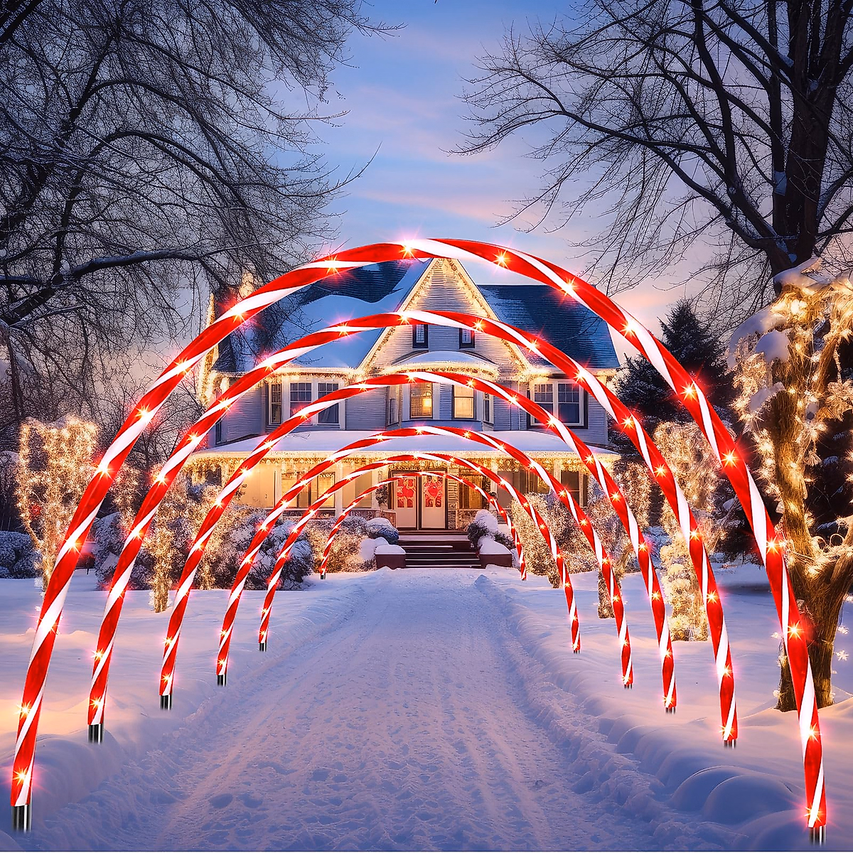 VIHOSE 10ft Christmas Candy Light Arch LED Christmas Outdoor Arches Decor with Flasher Modes Xmas Candy Cane Pathway Markers Lights for Holiday Wedding Yard Lawn Decor(3,Red White)