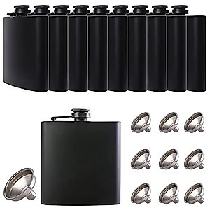 10 pcs Hip Flask for Liquor Black 6oz Stainless Steel Leakproof with 10 pcs Funnel for Gift, Camping, Wedding Party