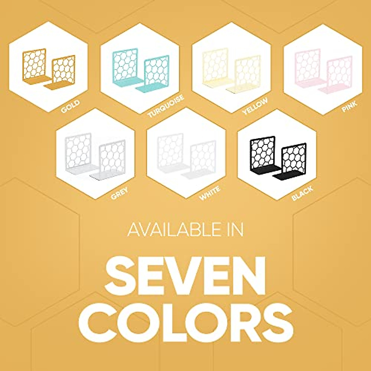 Premium Geometric Gold Honeycomb Bookends for Shelves, Metal Book Ends for Office, L-Shaped Book Stopper, Rustproof Bookends Decorative Unique for Home, 6.25 (L) x 6 (W) inches, 1 Pair - Geomod