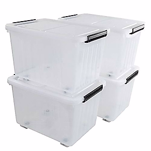 Waikhomes Set of 4 Large Plastic Storage Box with Lid, 30 L Latching Storage Box Bin, Clear