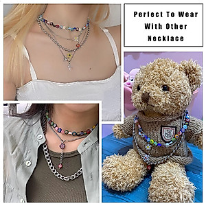 Y2k Necklace Layered Colorful Beaded Necklace Y2K Bead Choker Necklaces with Flower Pendant Indie Jewelry for Teen Girls Woman 3Pcs