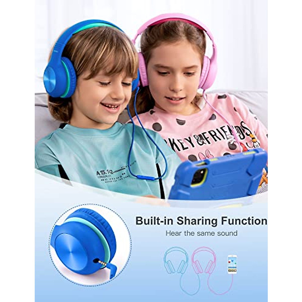 Kids Headphones with MIC, Over-ear, 85/94dB Safe Volume Limit, Sharing Function, HD Sound, Headphones for School, Toddler, Headset for On-line Study, Travel