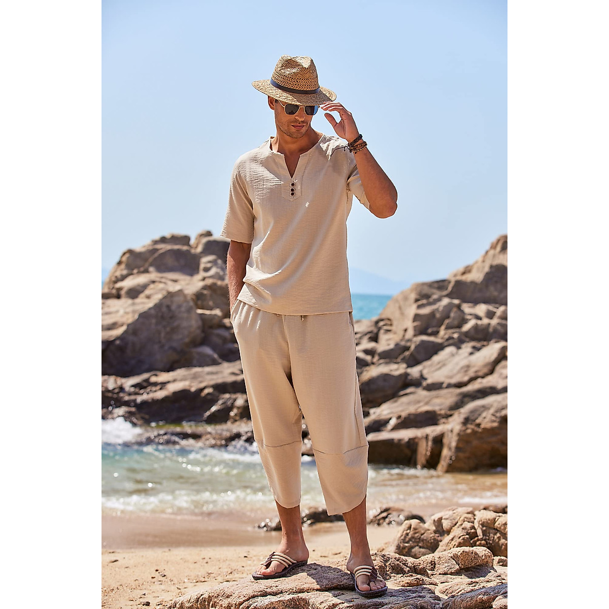 COOFANDY Men's 2 Pieces Linen Set Henley Shirt Short Sleeve and Harem Capri Pants Wide Leg Baggy Beach Yoga Trousers Outfits