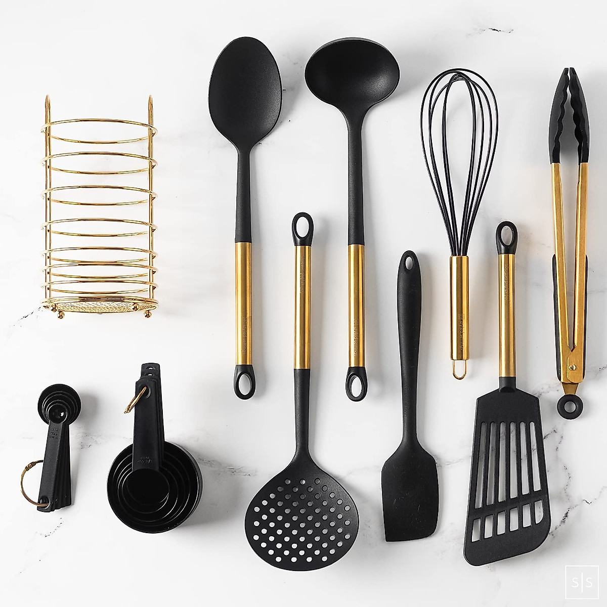Black and Gold Kitchen Utensils with Stainless Steel Gold Utensil Holder -18 PC Black and Gold Cooking Utensils Set Includes Black and Gold Measuring Cups and Spoons Set- Gold Kitchen Accessories