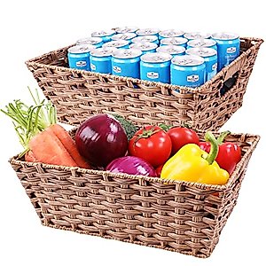 ROSOS Wicker Baskets 15", Waterproof Wicker Storage Baskets for Shelves 2 Pack, Hand-Woven Large Wicker Baskets for Storage, Washable Plastic Wicker Baskets for Organizing with Sturdy Built-in Handles