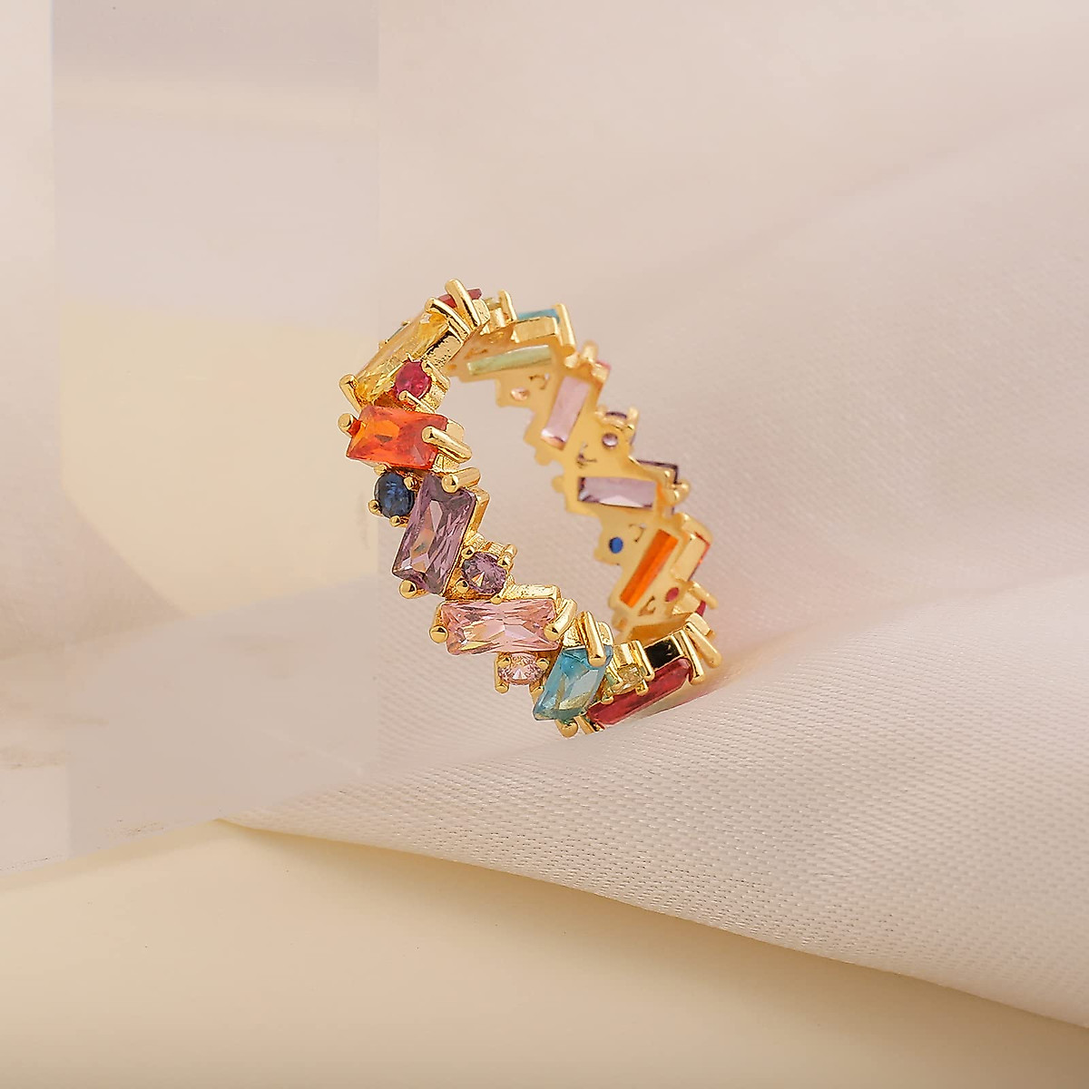 Kemstone Colorful Dainty Cubic Zirconia Rainbow Square Zircon Statement Ring for Women