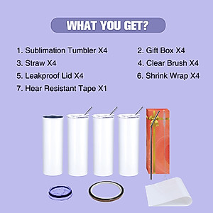 A-SUB Sublimation Tumbler, 20 OZ Skinny Straight White Tumbler for Sublimation, Double Wall Insulated Tumbler with Straw and Lid, 4 Pack Blank Tumblers Individually Boxed