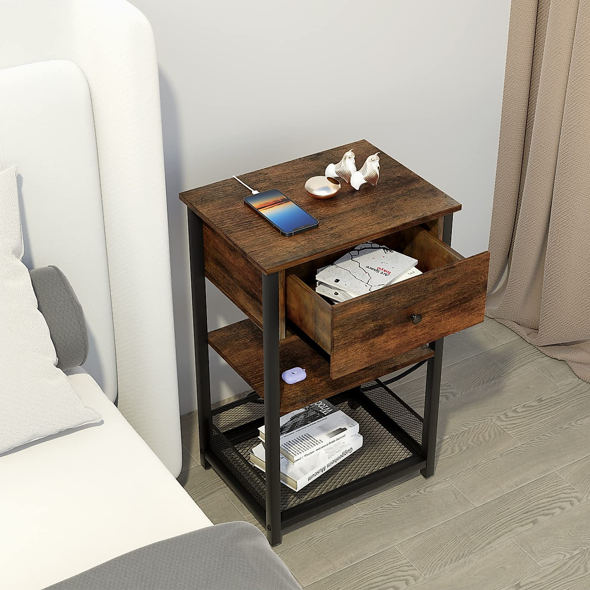 YAKANJ Modern Nightstand with Charging Station and Drawer,3-Tier Side Table End Table for Living Room,Bedroom,Narrow Sofa Table Bedside Table with Storage Shelf for Small Spaces-Brown