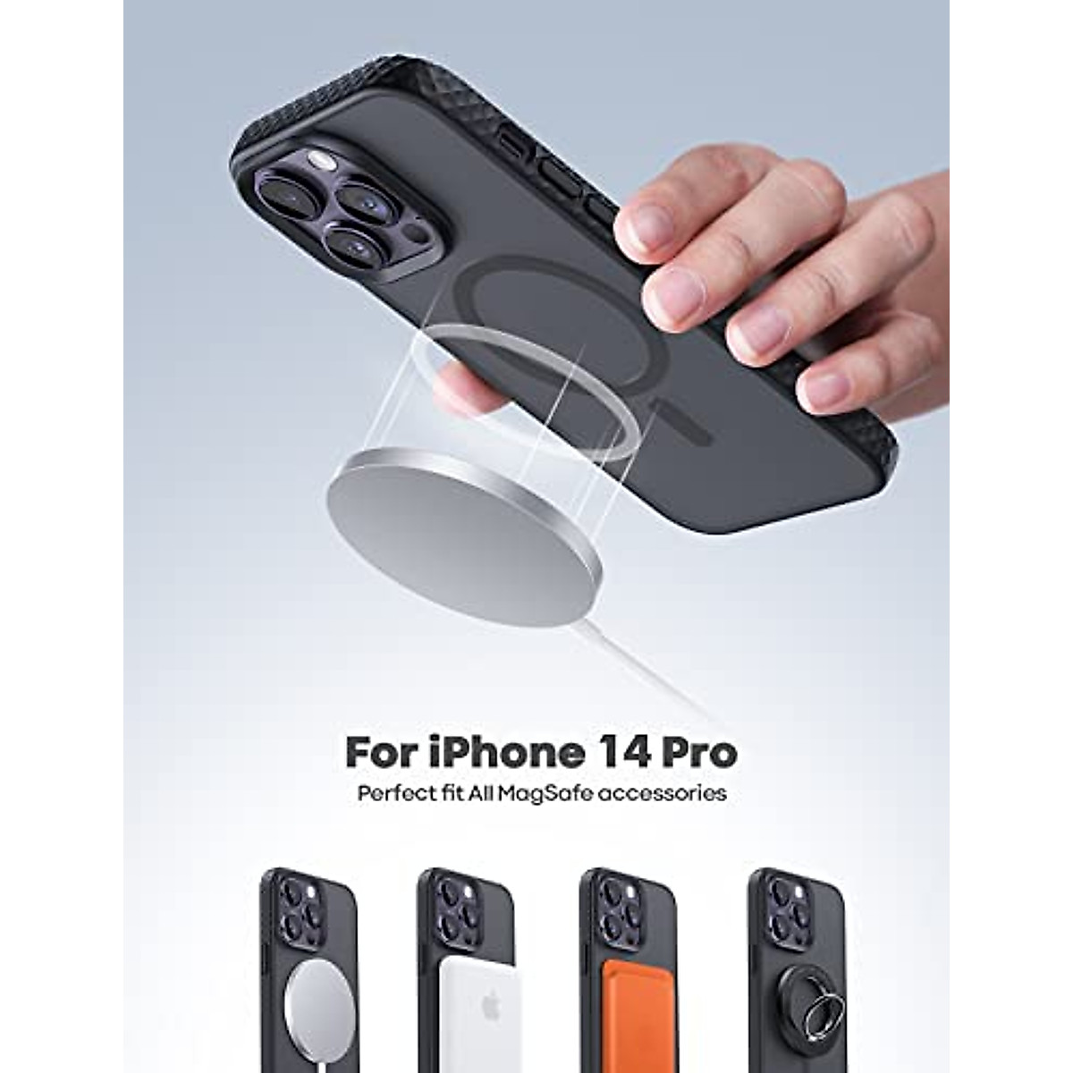 Lamicall Magnetic Case for iPhone 14 Pro - Magnet Case, Compatible for Magsafe, [Anti-Slip Edge] [MIL-Grade Airbag Shockproof], Translucent Hard Slim Protective Apple iPhone 14 Pro Cover Black