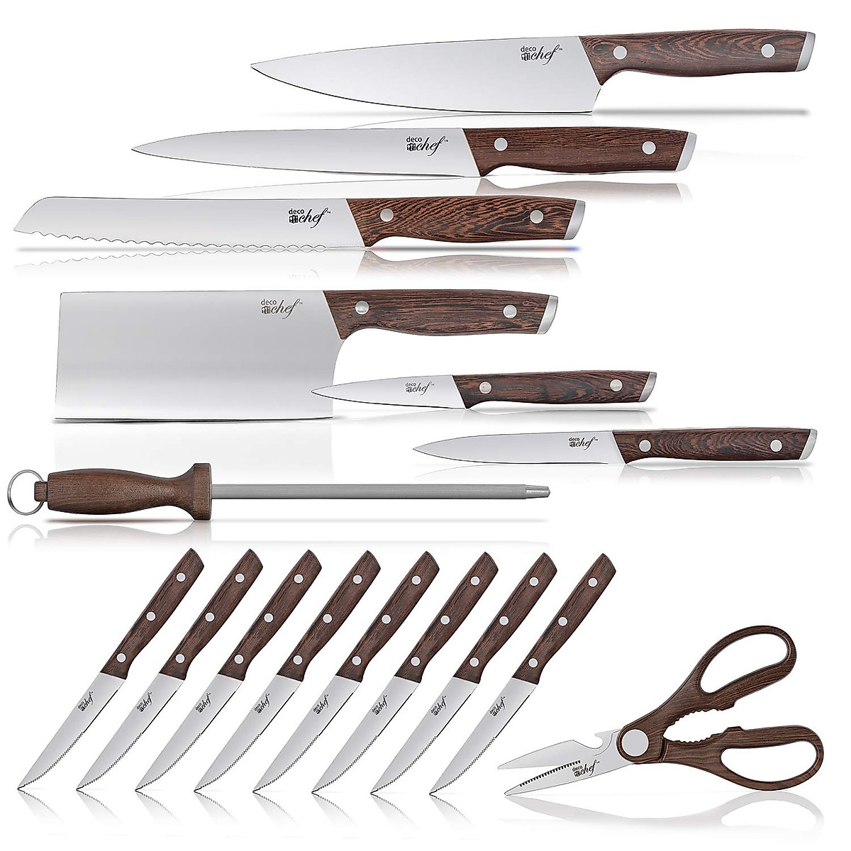 Deco Chef 16 Piece Kitchen Knife Set Stainless Steel with Wood Handles, 8" Chef Knife, 6.5" Cleaver, 8" Bread Knife, 8" Slicing Knife, 4.5" Paring Knife, 6pcs Steak Knives, Kitchen Shears, and more