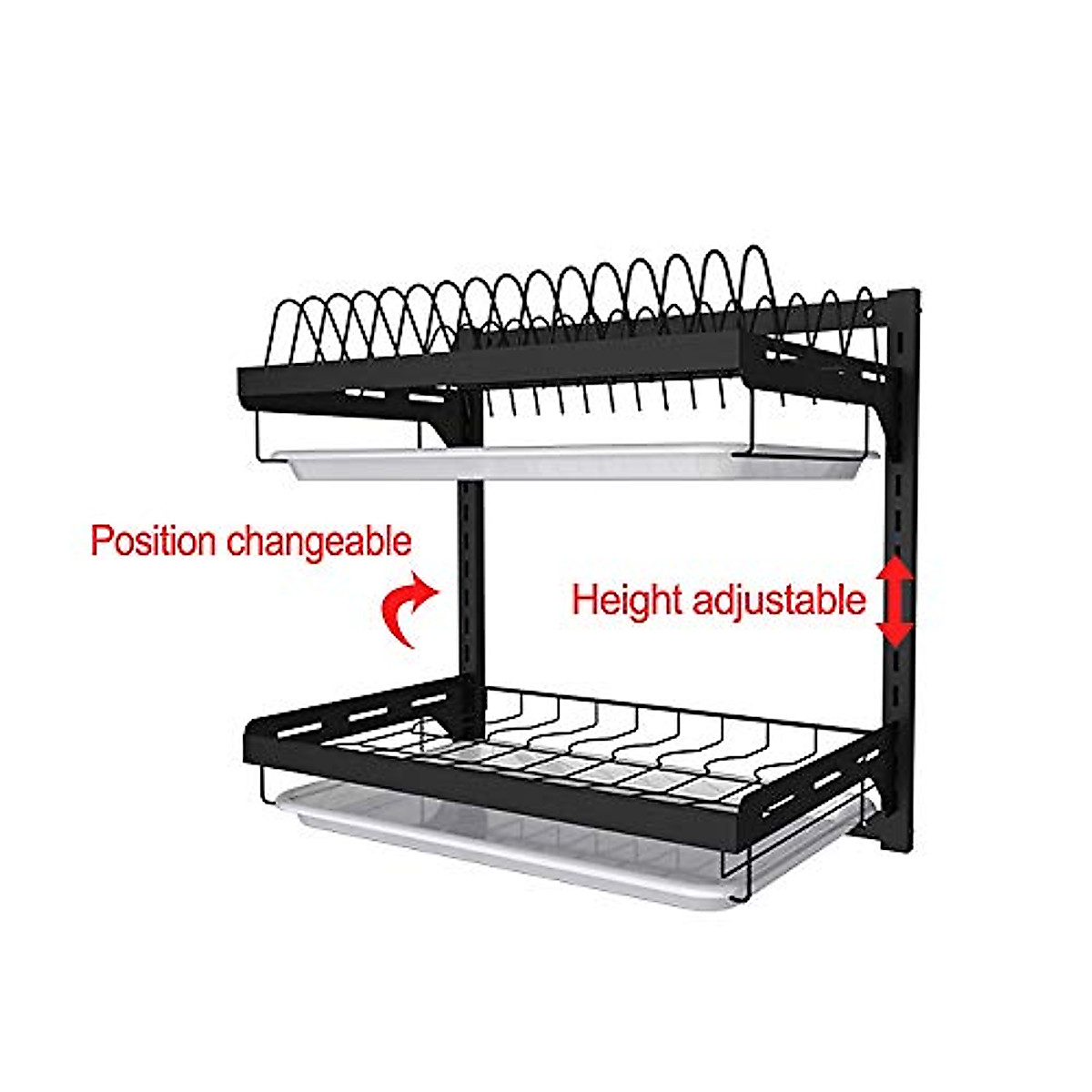 Kitchen Dish Rack,Hanging Drying Plate Organizer Storage Shelf over the Sink,junyuan 2 Tier Wall Mount Bowl Holder with Drain Tray With 3 Hooks,Stainless Steel Black Coating (2 Tier, 16)