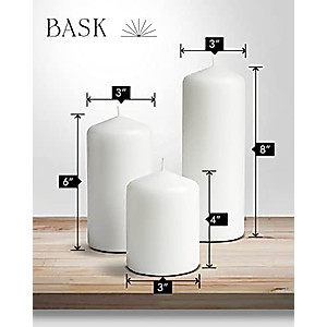 Cone Top Pillar Candles by Bask - Set of 3-3" x 4", 6", and 8" Dripless Unscented Candles in White for Home Decor, Relaxation & All Occasions