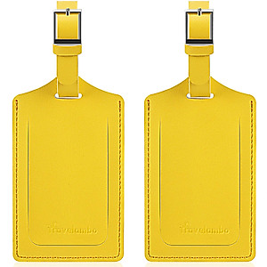 Travelambo Luggage Tags for Suitcases Faux Leather Privacy Protection 2 Pack Bag Tags Travel Accessories Essential, Energetic Yellow