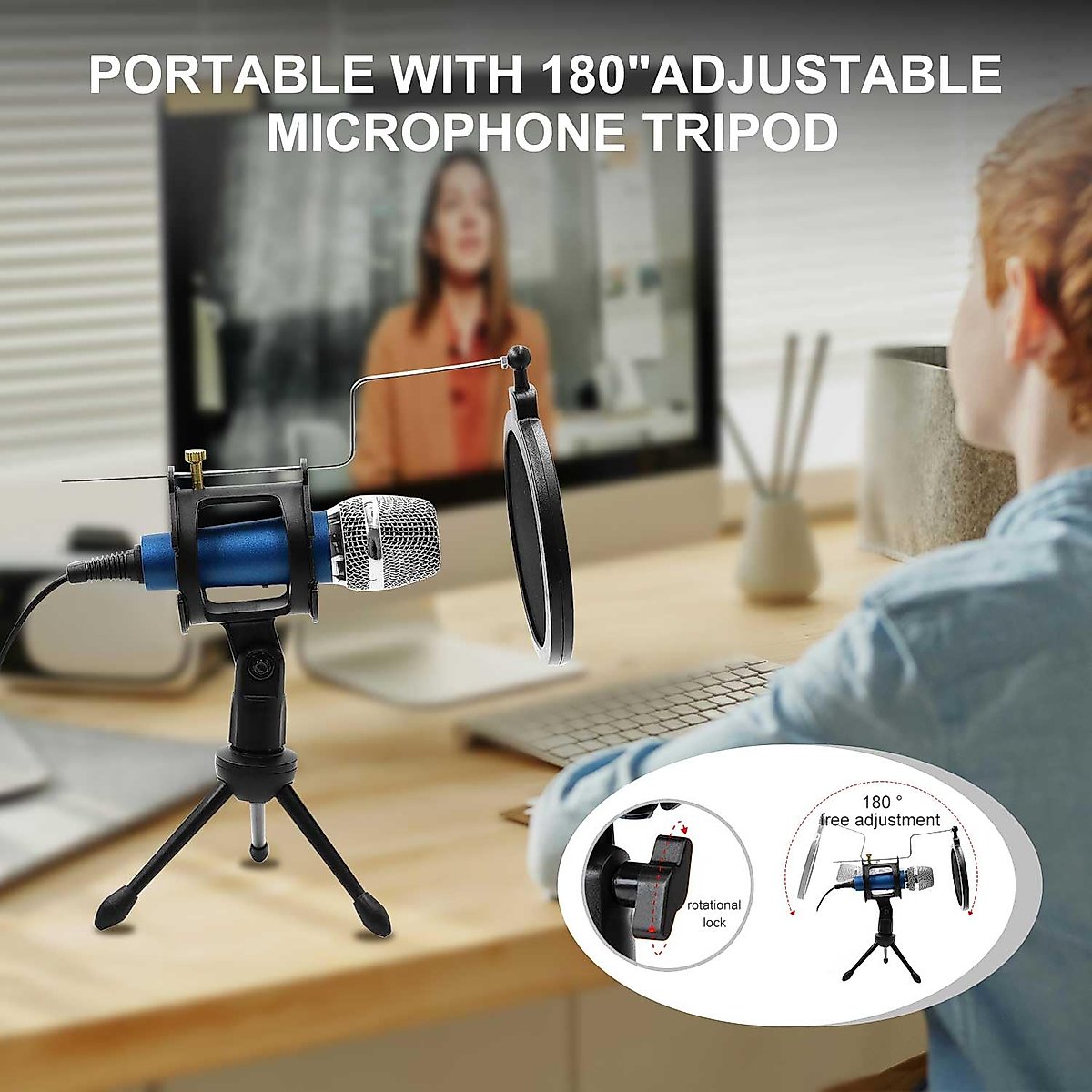 LOOYUAN Blue Condenser Recording Microphone 3.5mm Plug and Play PC Microphone, Broadcast Microphone for Computer Desktop Laptop MAC Windows Online Chatting Podcast Skype YouTube Game（Blue