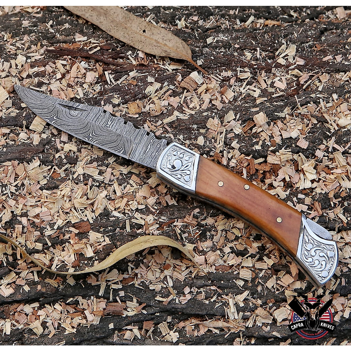 Capra Knives CK-52 Handcrafted Folding Engraved Brass Pocket Knife 4” Folded, 7.25” Long Overall, 4.5oz Olive Wood Handle, Damascus Blade with Leather Sheath