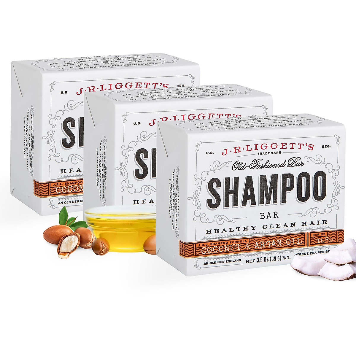 J·R·LIGGETT'S All-Natural Shampoo Bar, Virgin Coconut and Argan Oil - Strong and Healthy Hair-Nourish Follicles with Antioxidants and Vitamins-Detergent and Sulfate-Free, Set of Three, 3.5 Ounce Bars