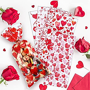 Blulu 180 Pieces Valentines Treat Favor Bags Cellophane Plastic Clear Candy Goodie Gift Bags with 200 Pieces Gold and Red Twist Ties for Valentine's Day Party Decorations, 6 Assorted Styles