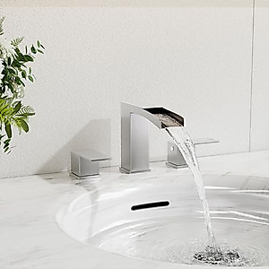 Pheistina 8-Inch Widespread Brushed Nickel 3 Holes 2 Handles Waterfall Bathroom Sink Faucet, with Metal Pop Up Drain Assembly & Cupc Water Supply Lines, NS-WF002-1-BN