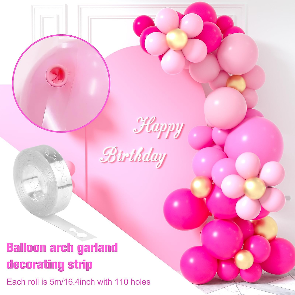 PLULON Pink Princess Balloon Garland Arch Kit with Hot Pink Tassel Plastic Tablecloth Pink Gold Metallic Balloons for Kids Girls Birthday Party Bridal Baby Shower Wedding Decorations