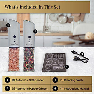 Automatic USB Rechargeable Salt and Pepper Grinder Set - Gravity Electric Salt and Pepper Grinder Set with LED Light and Adjustable Coarseness - Easy to Clean - Cleaning Brush Included - Ideal Gift