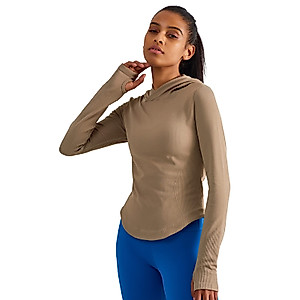 sphinx cat Womens Hooded Athletic Long Sleeve Running Shirts Workout Yoga Tops with Thumb Holes Slim Fit Brown L