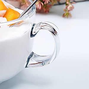 YAMSH Large Clear Glass Coffee Mugs Set of 2,14.8 oz(440ml)-Wide Mouth Tea Cups with Handle and Spoon Transparent Drinking for Cappuccino Cups, Latte, Milk color 4 Piece