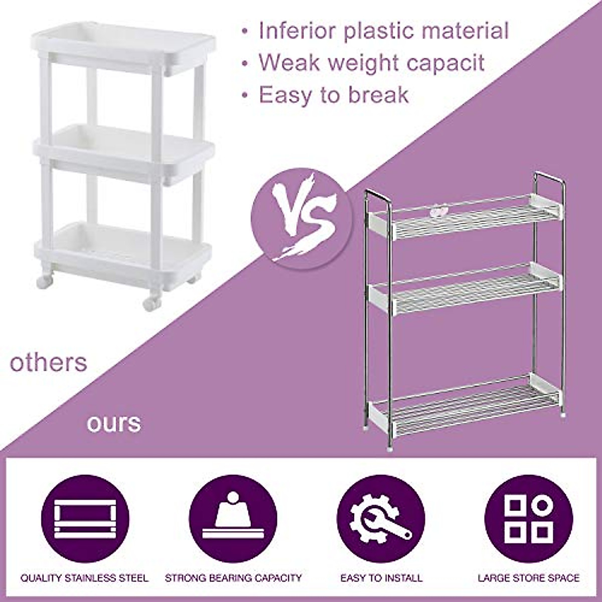 Titanmall 3 Tier Silver Slim Storage Unit Mobile Shelving Unit Organizer Slide Out Storage Tower Rack for Kitchen Bathroom Laundry Narrow Places