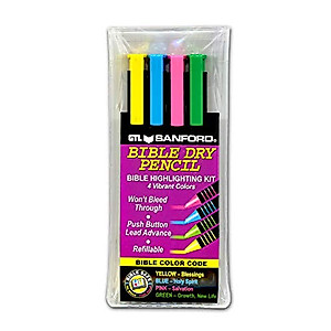G.T. Luscombe Company, Inc. Bible Dry Highlighting Kit | No Bleed Eco-Friendly Refillable Dry Highlighters | No Sharpening | No Smearing or Fading | Vibrant Colors Yellow, Blue, Pink, Green (Set of 4)