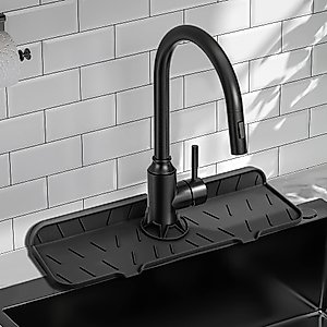 Meiliweser Silicone Sink Splash Guard Gen 2 - Slope Upgraded Faucet Mat, 15" x 5.5", Sink Gadgets-Splash Guard Behind Faucet Water Drip Catcher Mat for Kitchen, Bathroom, Sink Sponge Holder(Black)