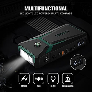 ENGINDOT Jump Starter for Up to 7.0L Gas or 5.5L Diesel Engine, 800A Peak 18000mAh 12V Auto Battery Booster with LCD Screen, Portable Power Bank with USB Quick Charge T8 Green