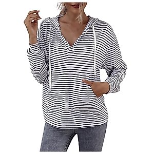 KHIIen Women's Casual Stripe Print Hoodies Tops Long Sleeve Drawstring Pullover Sweatshirts with Pocket