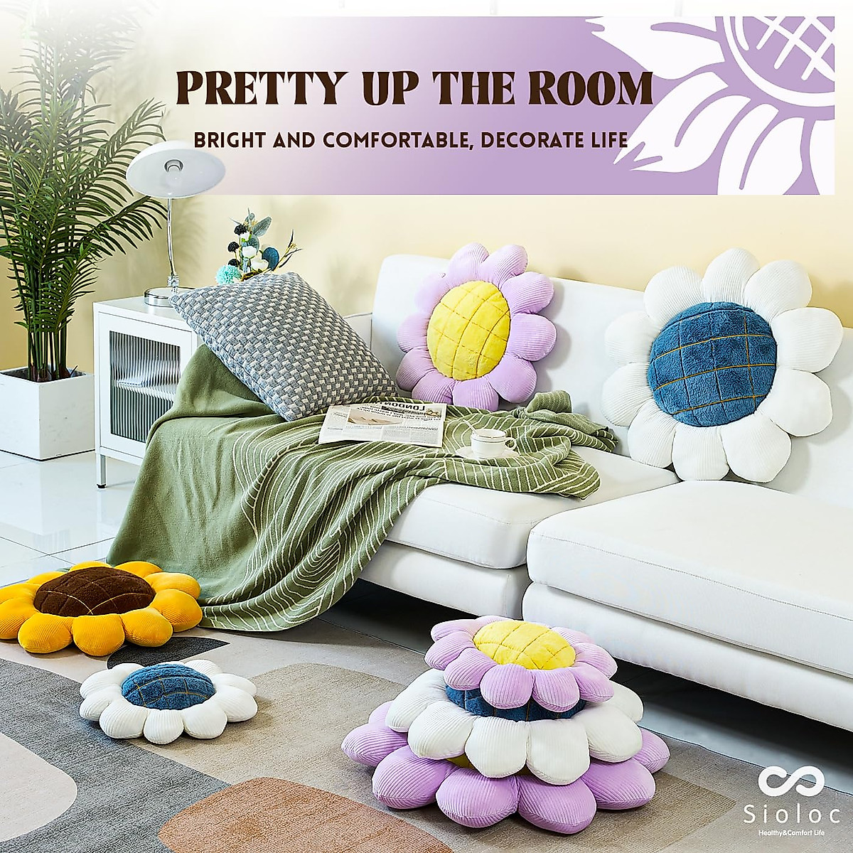 Sioloc Sunflower Throw Pillow,Flower Shaped Pillows Floor Pillow Seating Cushion,Seating Cushion,Cute Room Decor & Plush Pillow for Bedroom Sofa Chair(Purple, 15.7")