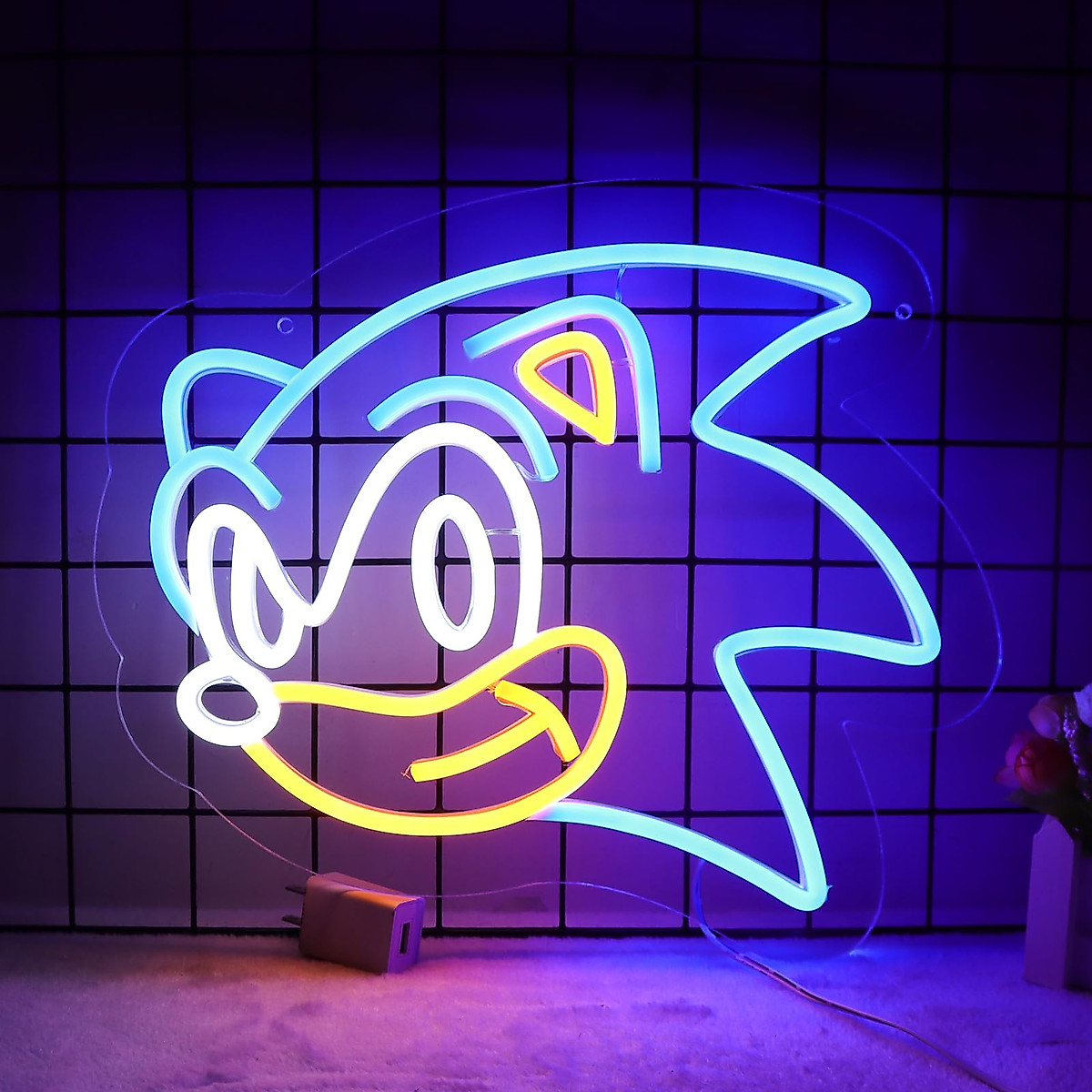 Pinlangdou Sonic the Hedgehog Emerald Neon Sign Anime Hedgehog Neon Sign Cool Game Neon Sign Cartoon Wall Birthday Decoration for Boys and Children's Rooms, blue white orange