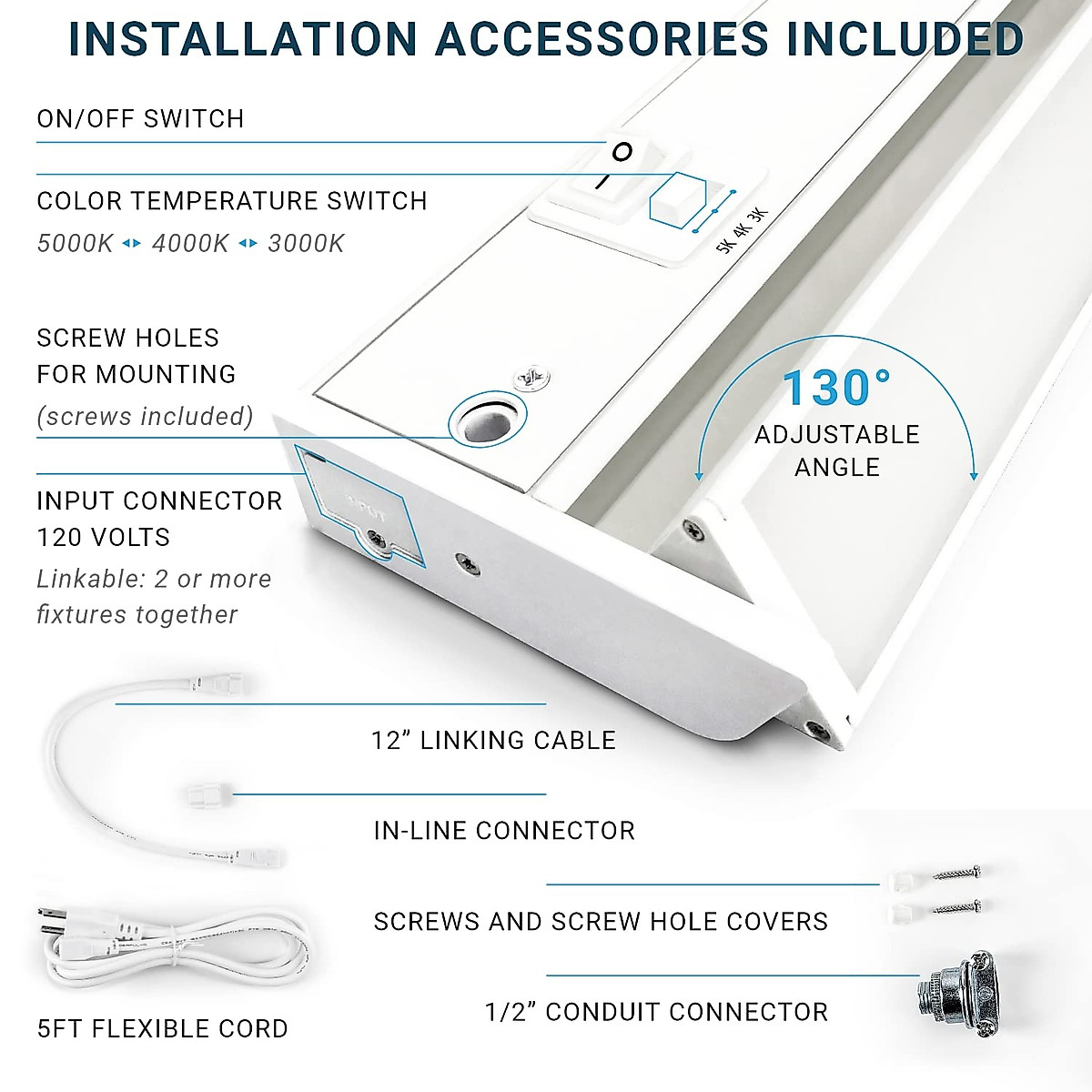 Parmida LED Technologies LED Swivel Under Cabinet Lighting, Hardwired or Plug-in Installation, 24", 14W, 3CCT Color Selectable - 3000/4000K/5000K, Rotatable Lens, Dimmable, Linkable, 120V, 840LM