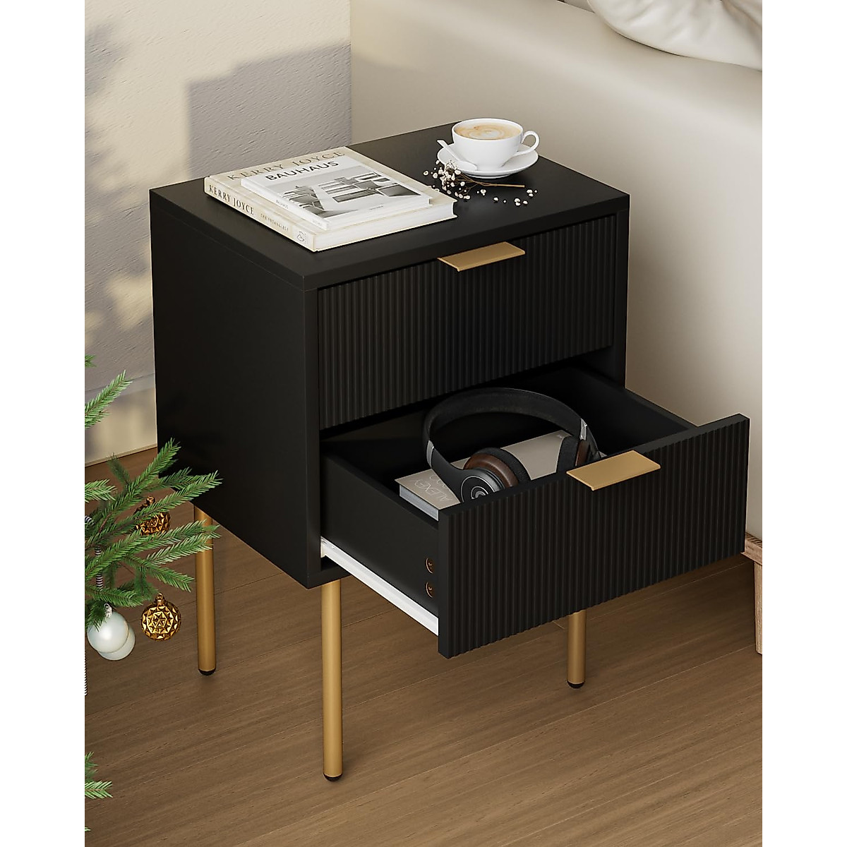 AEPOALUA Nightstand,Small Bedside Table with Gold Frame,White Night Stand,Bedside Furniture,Side Table with Drawer and Shelf for Bedroom,Living Room (Mid-Century-Stripe, Black.)