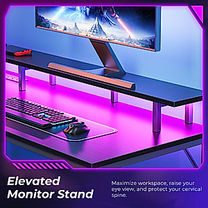 SUPERJARE L Shaped Gaming Desk with Power Outlets & LED Lights, Computer Desk with Monitor Stand & Storage Shelf, Home Office Desk Corner Desk with Hooks, Black