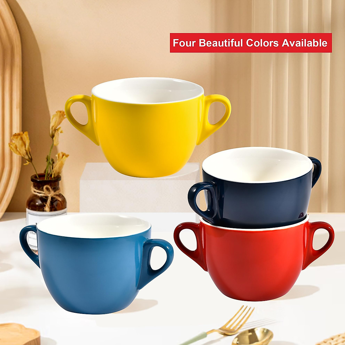 Multicolor 4 Pack Soup Bowl with Double Handles, Ceramic Cereal Bowl Set for Modern Kitchen, Large Mugs, Color Glazed Serving Crocks, Versatile for Daily Use