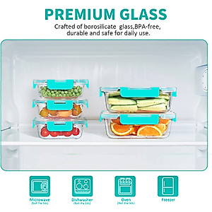 KOMUEE 12 Packs Glass Meal Prep Containers Set, Glass Food Storage Containers with Locking Lids, Airtight Glass Lunch Containers, Microwave, Oven, Freezer & Dishwasher Friendly, Green