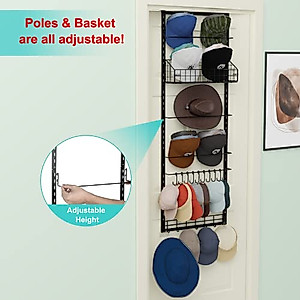 Yociyoga Metal Hat Racks for Baseball Caps, Over the Door Hat Organizer Hat Holder with Door Hooks & 17 Hat Hooks, Adjustable Tier Height Hat Hanger Hat Storage with Storage Basket, Black